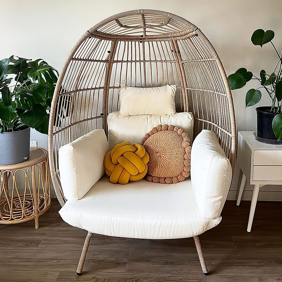 YITAHOME Egg Chair Wicker Outdoor Indoor, Oversized Lounger with 370lbs Capacity Large Egg Chairs with Stand Cushion Egg Basket Chair for Patio, Balcony, Bedroom - Beige