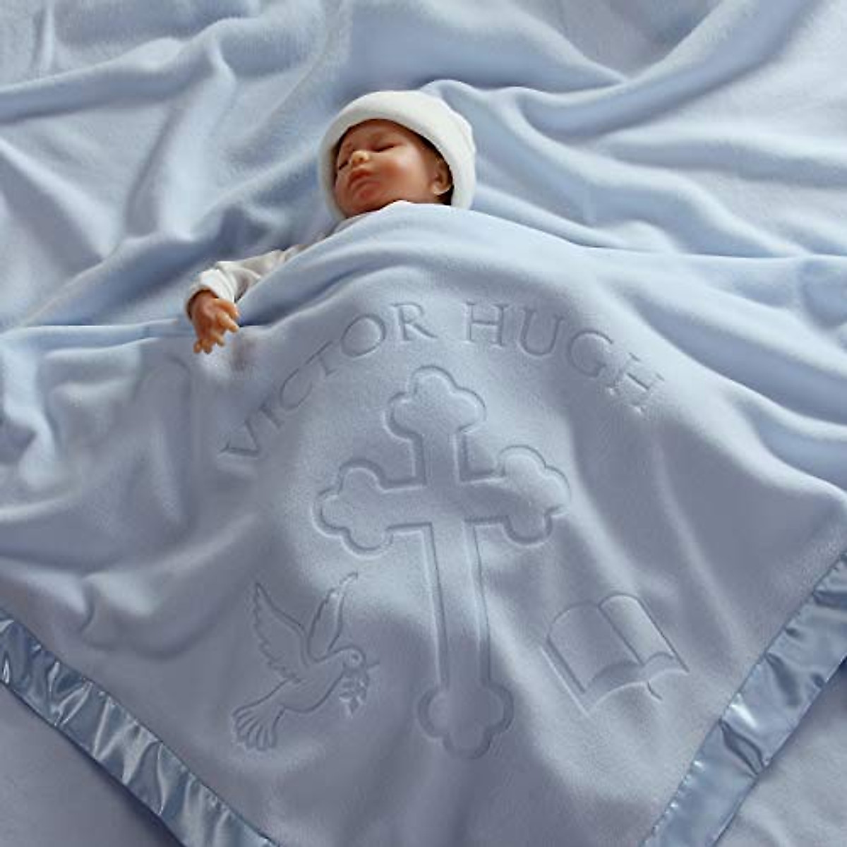 Custom Catch Personalized Baptism Baby Blanket Gift - Boy Name for Christening (Blue, 1 Text Line)