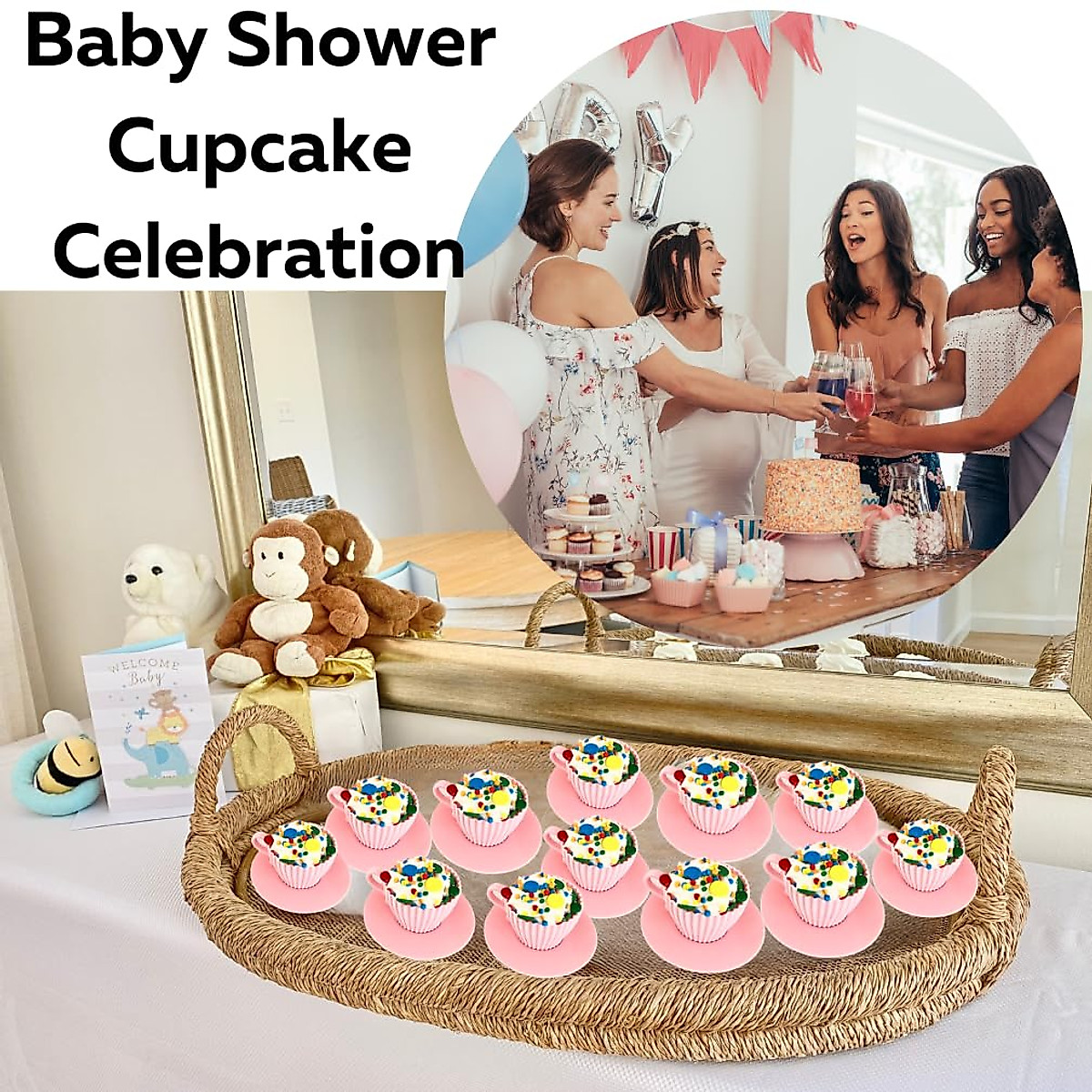 Evelots Teacup Silicone Cupcake Liners 24 Pc Set Oven Safe Baking Set (12 Cups/ 12 Saucers)-Reusable Baking Muffin Cups- BPA Free-2 Colors