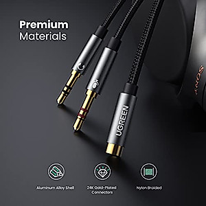 UGREEN Headphone Splitter for Computer 3.5mm Female to 2 Dual 3.5mm Male Braided Audio Splitter Cable Microphone Stereo Jack Earphones Port Cord Gaming Headset to PC Laptop Adapter Black