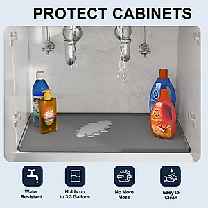 Under Sink Mat,PRETIRENO 34" x 22" Silicone Under Sink Liner for Kitchen & Bathroom Sink Base Cabinets,Under Sink Drip Tray with Lip, Grey