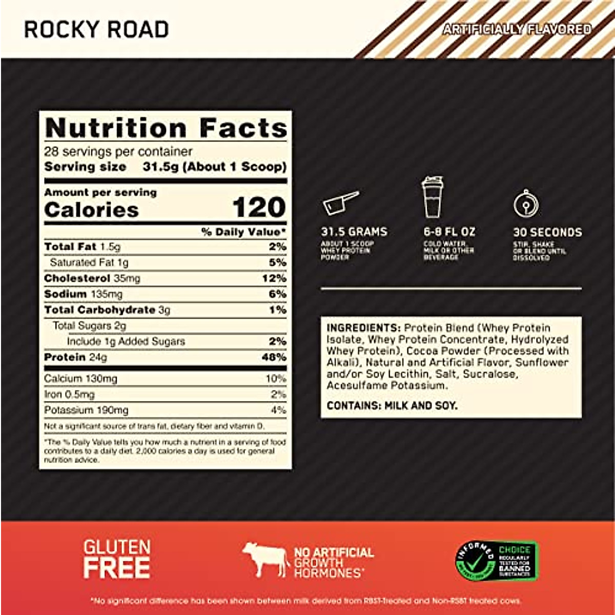 Optimum Nutrition Gold Standard 100% Whey Protein Powder, Rocky Road, 2 Pound (Packaging May Vary)