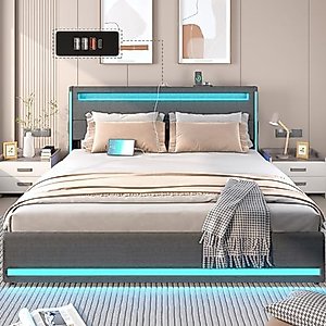 Dnxao King Bed Frame with Headboard & LED Lights, Upholstered Platform Bed Frame with Type-C & USB Ports, Strong Frame and Metal Slats Support, No Box Spring Needed, Easy Assembly, Dark Grey