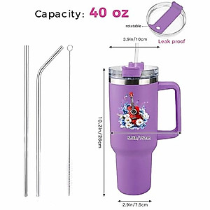LB LEOBON 40 ounce insulated cup with handle, double-layer vacuum stainless steel material, equipped with straw, can keep warm or maintain cold drinks Daisy Guitar Deep purple