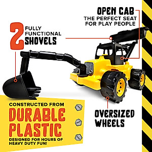 Dragon Drew Backhoe Toy Construction Truck | Front Loader and Excavator Scoop Truck for Kids and Toddlers