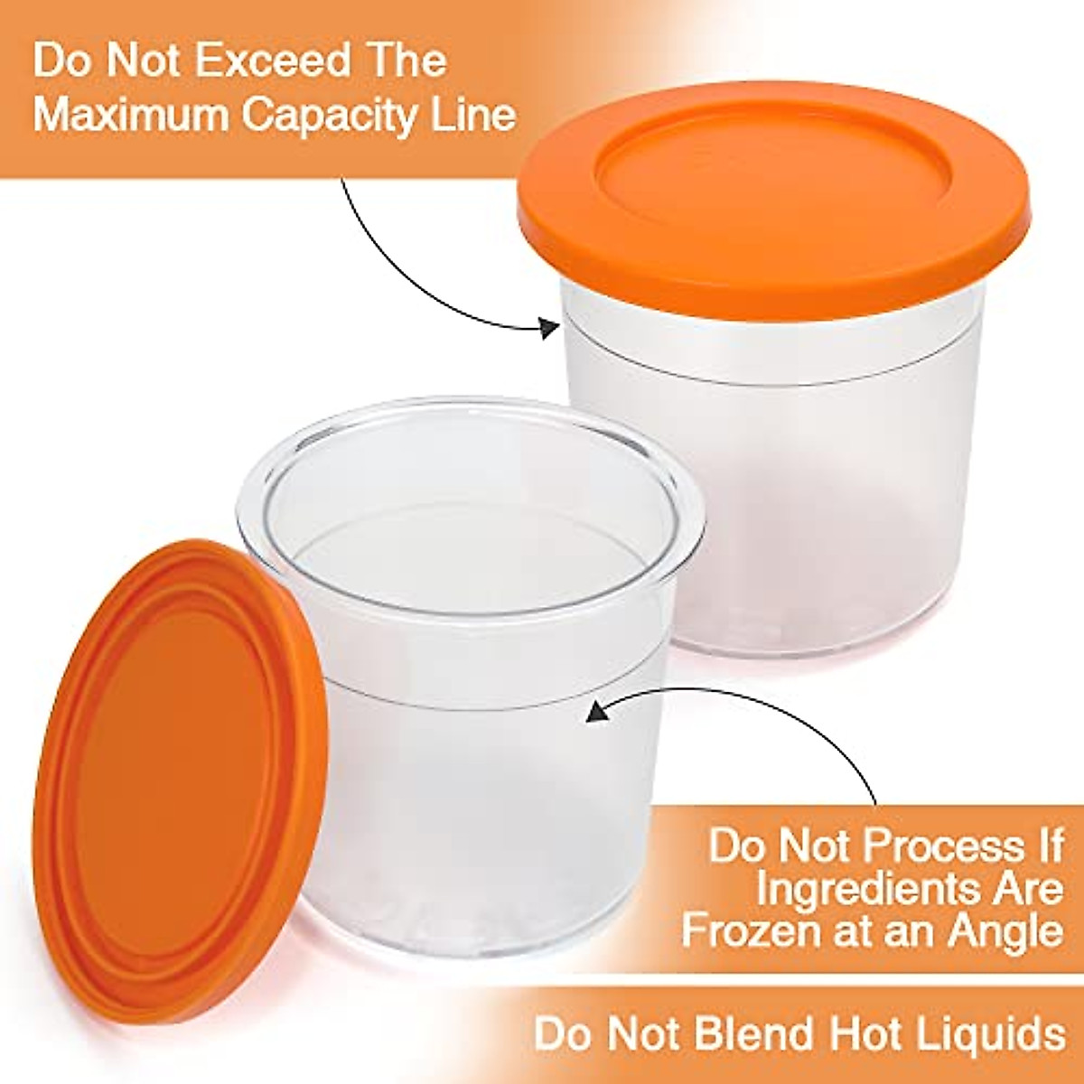 SOPHICO Pint Containers with Silicone Lids Replacement for Pints and Lids, Compatible with NC299AMZ & NC300s Series Ice Cream Maker, Airtight and Leaf-Proof (2 Pack, Orange)