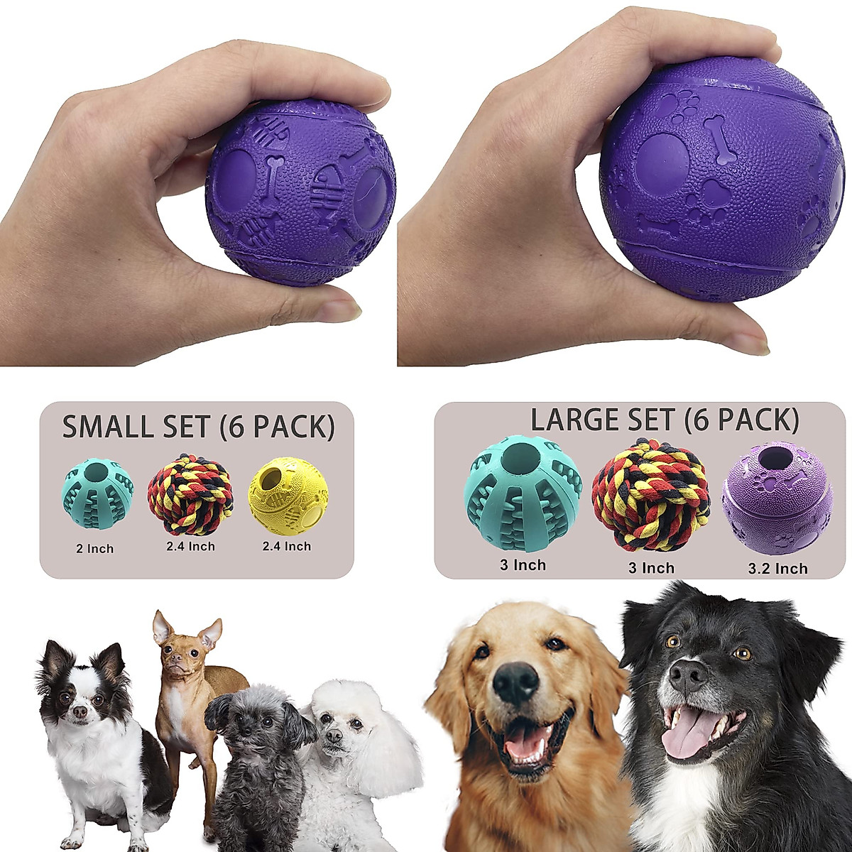 Jalousie Dog Puzzle Balls Dog Treat Dispensing Balls Non-Toxic Natural Rubber Dog Chew Toys for Puppy Pet Dog Teething Puzzle Playing Treat Dispenser Rope Balls (Large - 6 Pack)