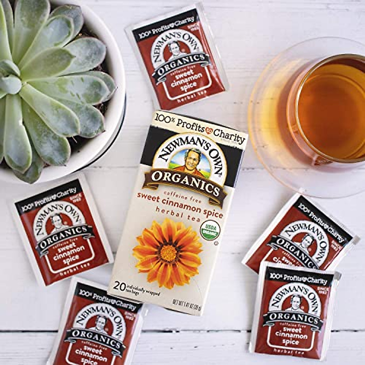 Newman's Own Organic Sweet Cinnamon Spice Herbal Tea with Rooibos Tea with Organic Ginger 20 Individually Wrapped Tea Bags Per Box USDA Certified and Kosher Cinnamon Tea Caffeine-Free