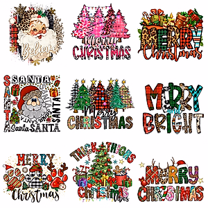 TZSANXMY Merry Christmas Iron On Decals Christmas Tree Santa Claus Iron On Transfer Heat Transfers Patches for Clothing Washable Xmas Heat Press Sticker 9pcs Small Size