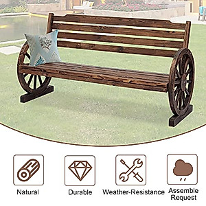 Kinfant Patio Bench Wooden Garden Seat - 55” Outdoor Rustic Brown 2-Person Wagon Wheels Furniture