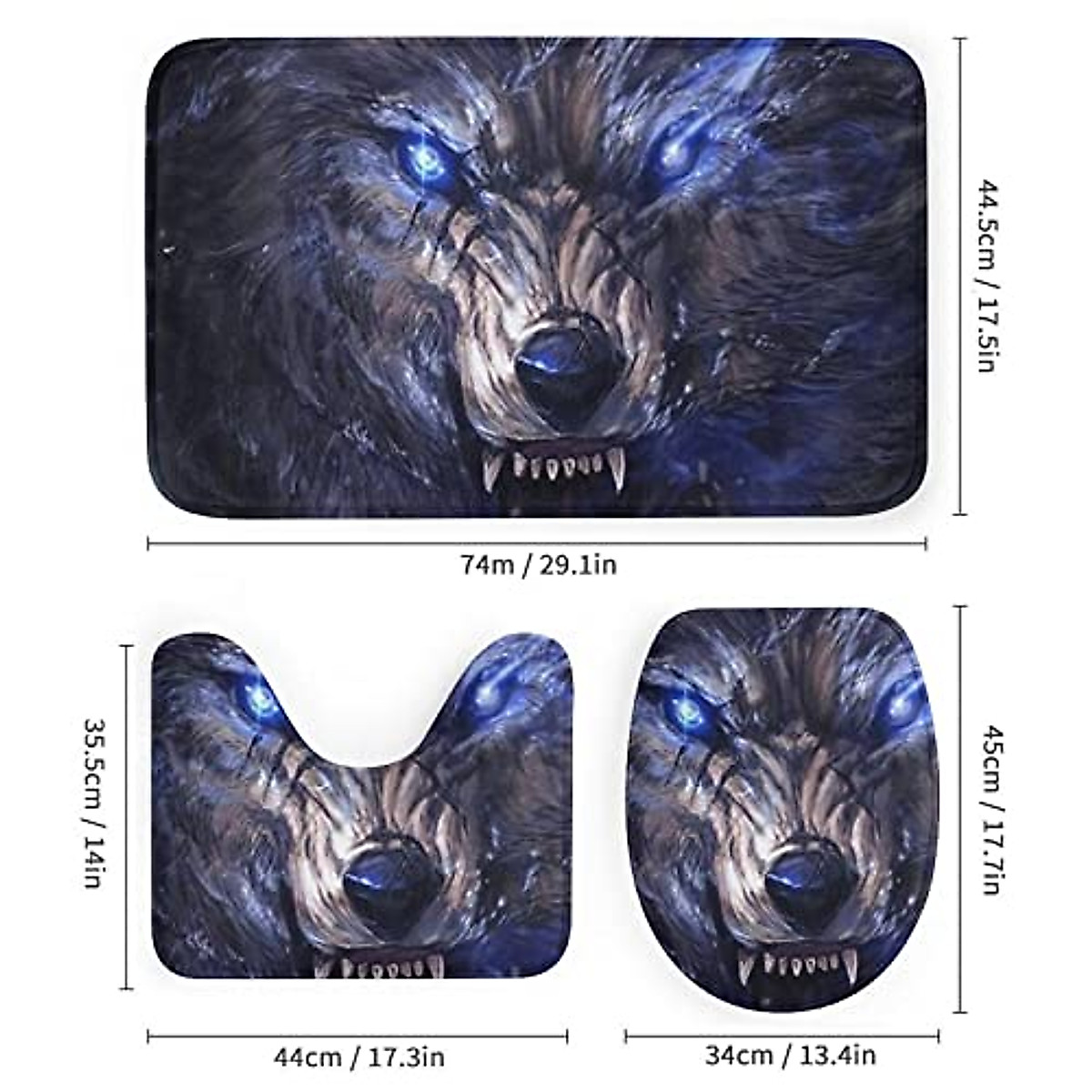 EEncantoo Premium Quality 4 Piece Angry Wolf Art Shaggy Rugs + U-Shaped Bath Mats & Lid Cover Rubber Backing + Fast Dry Shower Stall Curtain - Home Bath Room Decor