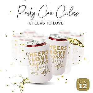 Wedding Can Can Cooler Decorations - Cheers to Love Laughter and Happily Ever After, Can Coolies Set of 12, Wedding Supplies For Bridal Showers, Engagements and Bachelorette Parties (White)