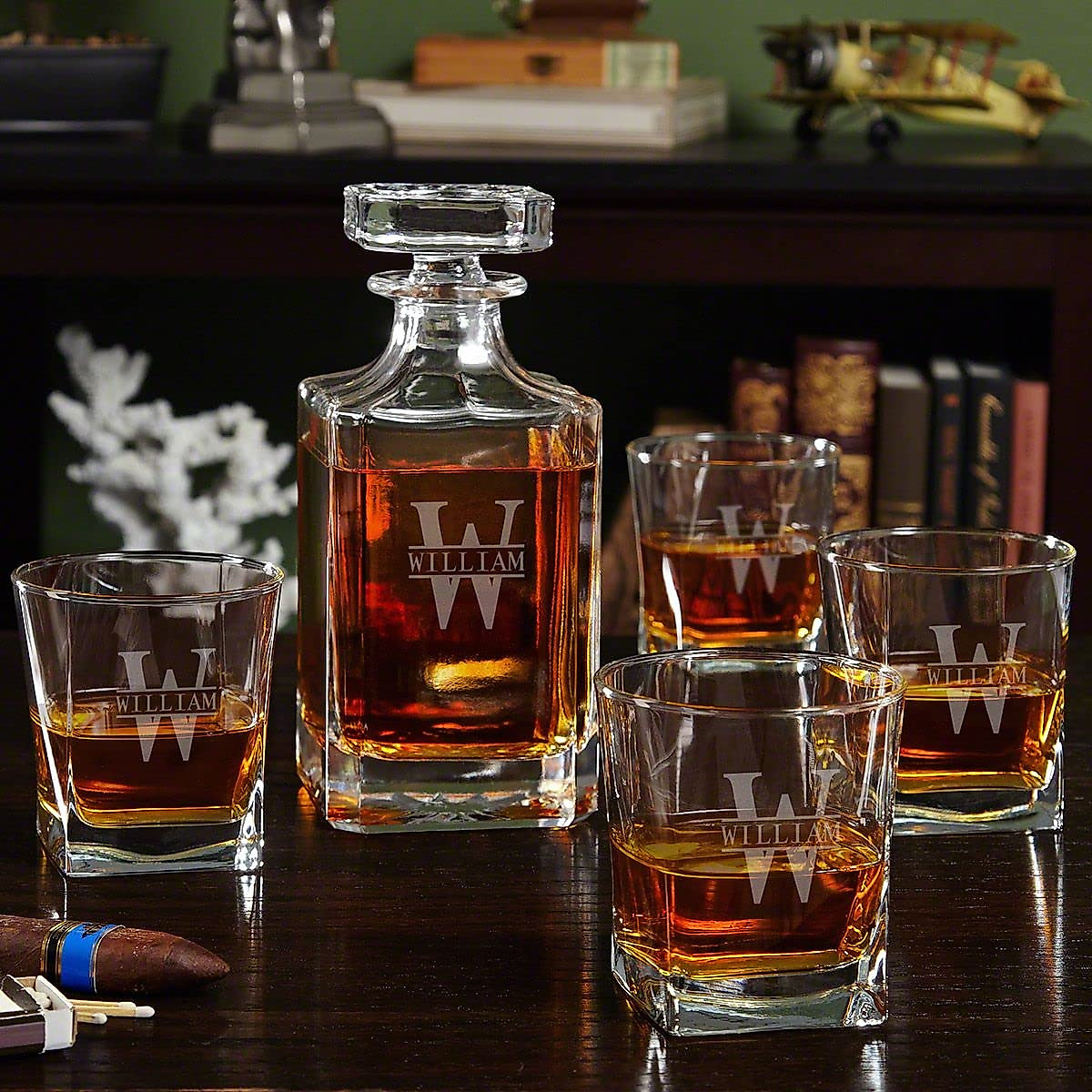 Personalized Whiskey Decanter Set with 4 Square Rocks Glasses - Gift Box Available