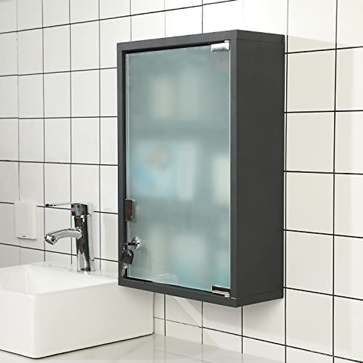 MyGift 18-Inch Bathroom Medicine Cabinet Wall Mounted Metal Storage Cabinet with 3 Shelves Locking Glass Door & Keys