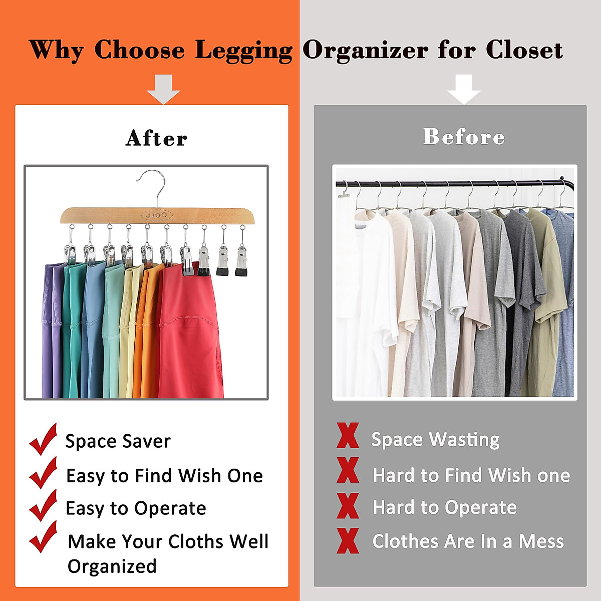 Legging Organizer for Closet Hanging, Pants Hangers with Clips Holds Up to 10 Leggings, Space Saving & 360 Rotaing Desin, Great for Jeans, Hats, Shorts, Socks (1Pack)