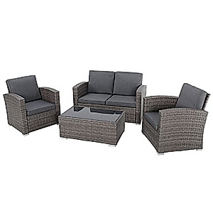 JOIVI Patio Furniture Set, 4 Piece Outdoor Patio Conversation Set, All-Weather PE Rattan Wicker Sectional Patio Sofa Set with Tempered Glass Coffee Table, Dark Gray
