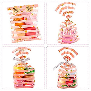 JOERSH 100 Pack 8.1" x 5" Bottom Gusset Clear Cellophane Treat Bags with Ties for Cookies Candy Popcorn Birthday Party Favor Bags Gift Giving, Pink Stripes and Hearts Pattern