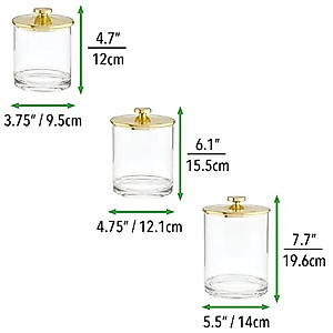 mDesign Plastic Apothecary Canister Jar Storage Organizer for Bathroom, Bedroom, Vanity, Kitchen Cabinet Organization - Holds Cotton Swab - Lumiere Collection - Set of 3 - Clear/Soft Brass