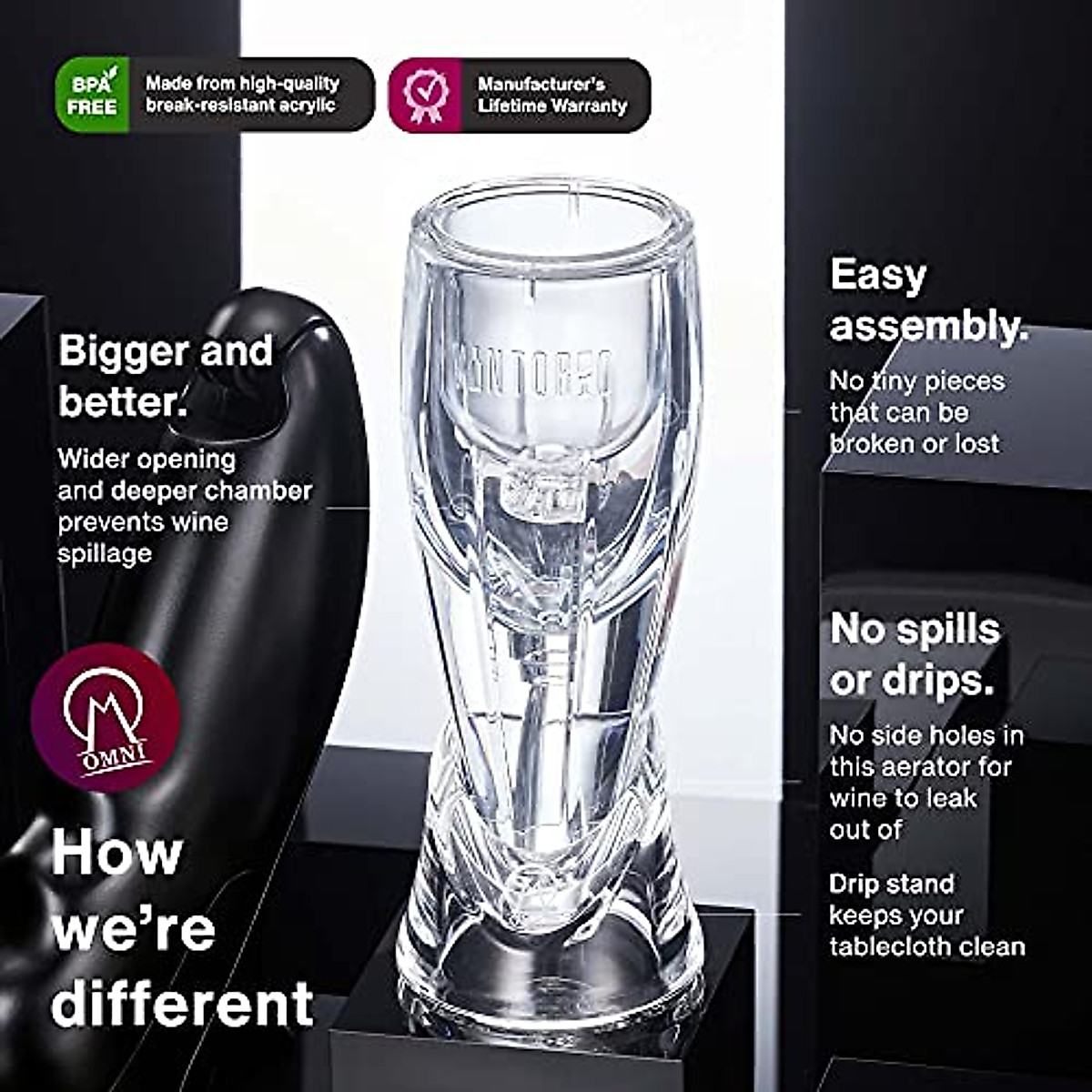 Vintorio Wine Aerator OMNI Set - Premium Decanter for Red Wine Lovers with Gift Box, Velvet Bag, and Mini Stand - Durable, Crystal Clear Acrylic