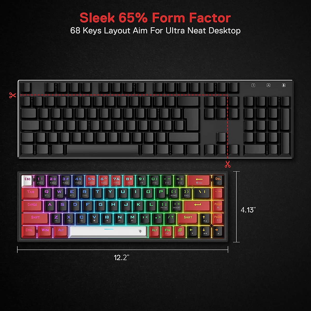 Redragon K631 PRO 65% 3-Mode Wireless RGB Gaming Keyboard, 68 Keys Hot-Swappable Compact Mechanical Keyboard w/Hot-Swap Free-Mod PCB Socket & Dedicated Arrow Keys, Quiet Red Linear Switch