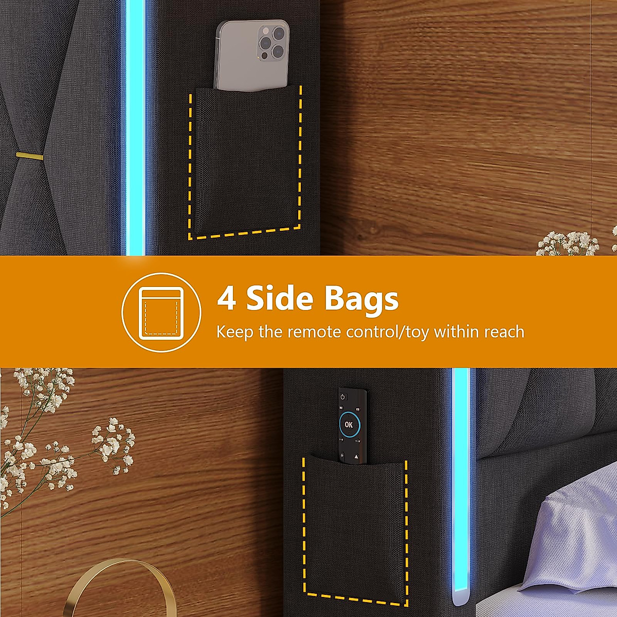 busyaeh King Bed Frame and Headboard with Storage, King Size Bed Frame with LED Lights & Charging Station, Upholstered King Bed Frame, No Noise, No Box Spring Needed, Easy Assembly