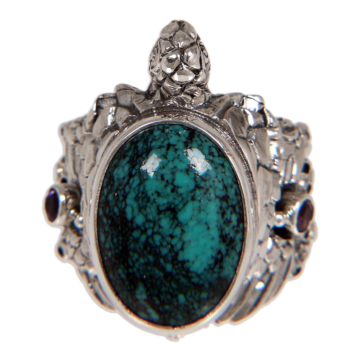 NOVICA Artisan Handmade Sterling Silver Ring Reconstituted Turquoise Amethyst Blue Cocktail Indonesia Animal Themed Birthstone Sea Lifeturtle [band Width 5 mm W Crownbezel 1.1 in L x 0.6 in W x 0.4 I]