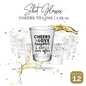 Cheers to Love Laughter Happily Ever After Shot Glasses, Set of 12 Clear 1.75oz Doubled sided Wedding Shot Glasses, Perfect Wedding Favor, Wedding Shot glasses, Bridal Party Shot Glasses