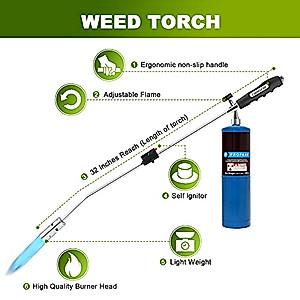 Weed Torch Propane Burner, 50,000BTU Blow Torch, Gas Vapor, self igniting, Ergonomic Anti-slip Handle, with Trigger Start and Flame Control Valve(Fuel Not Included)