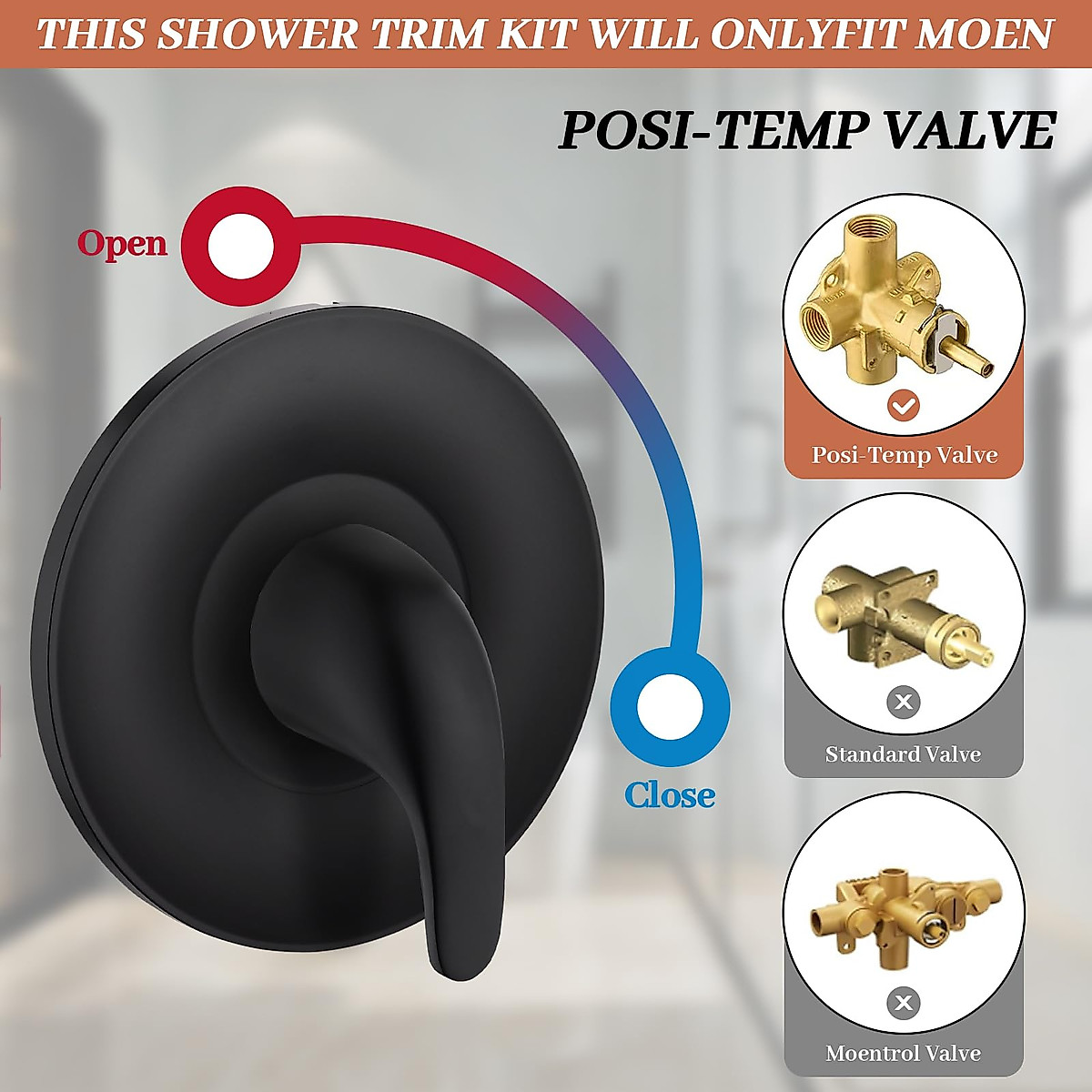 Shower valve Trim Kit Replacement for Moen Gibson Matte Black Posi-Temp Pressure-Balancing Modern Valve Handle Only Trim, Valve Required