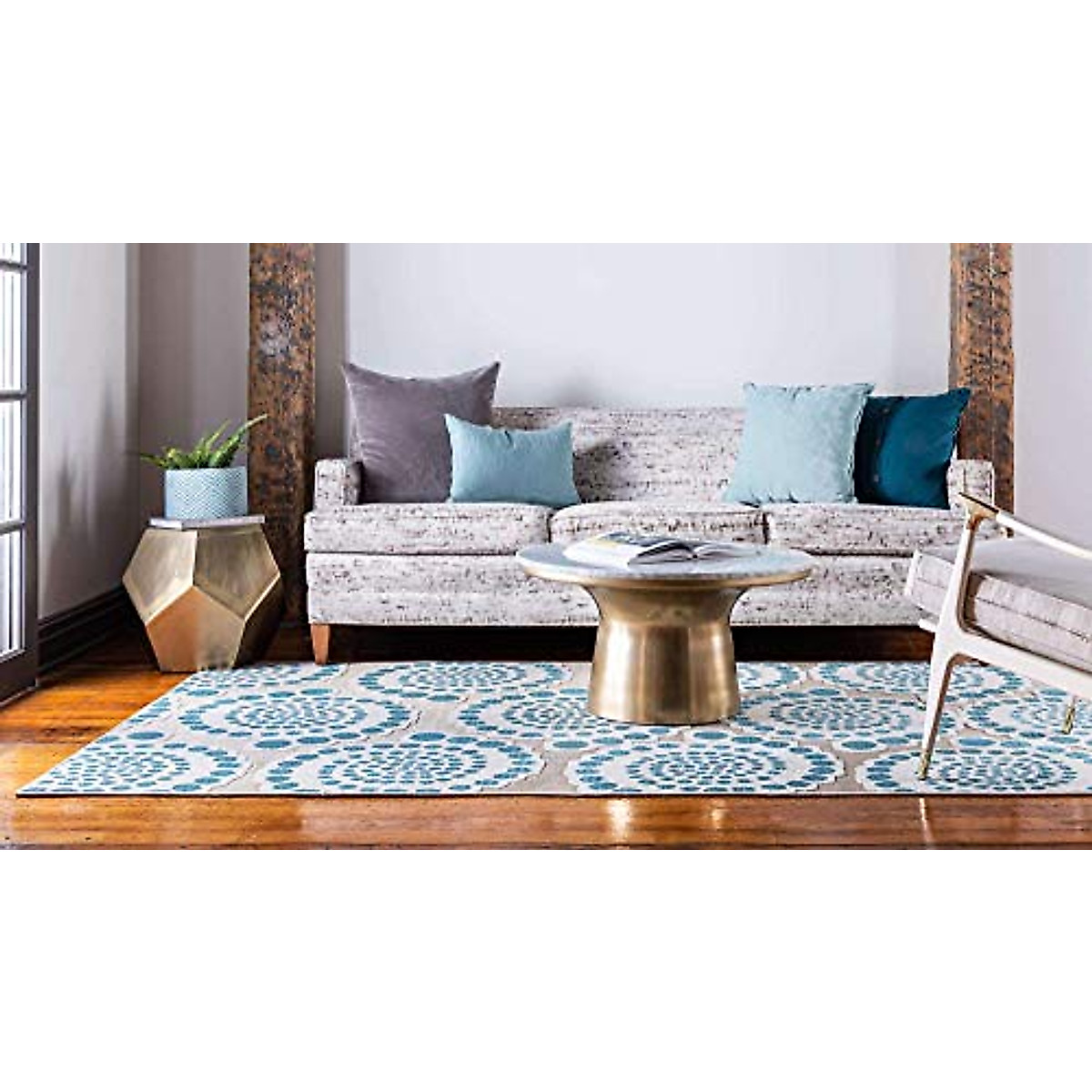 Unique Loom Modern Collection Geometric, Contemporary, Circles, Swirls, High-Low Pile, Indoor and Outdoor Area Rug, 7 ft x 10 ft, Ivory/Teal