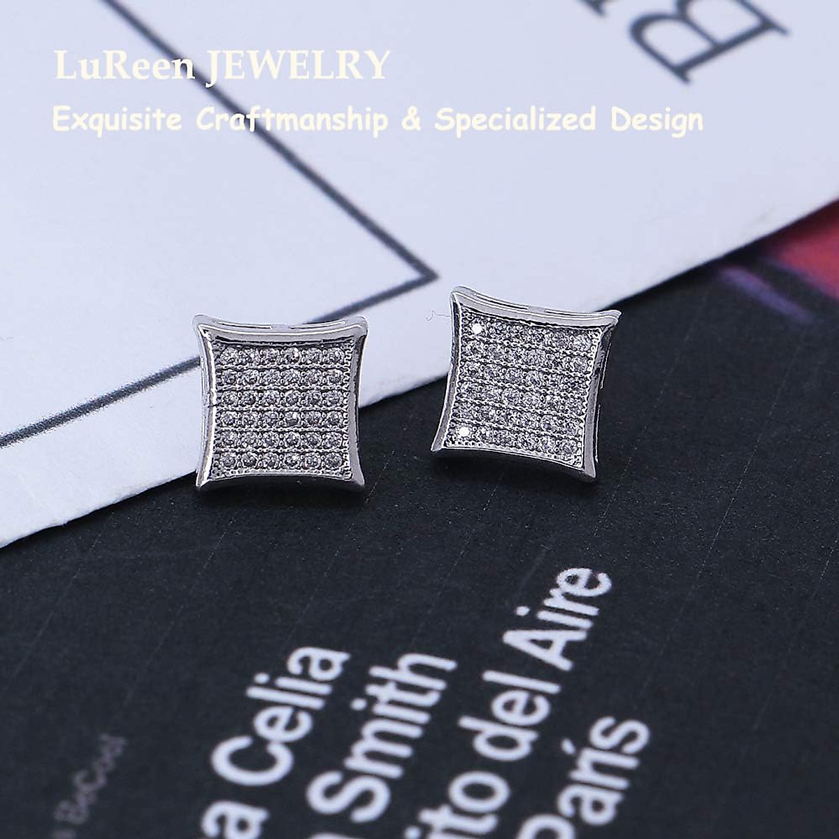 LuReen Mens Earring Silver Gold 11mm Square CZ Stud Earring for Men