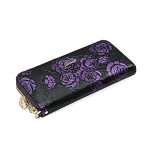 ArtsEye Rose Embossed Genuine Leather Zip Around Wristlet Wallet (Purple)