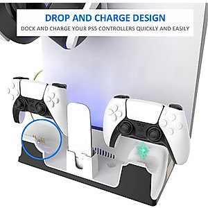 JDDWIN PS5 Vertical Charging Stand with Cooling Fan & Controller Hanger for PS5 Console,PS5 Stand Accessories with Dual Controller Charger and Game Rack Storage Organizer with 3 USB Ports