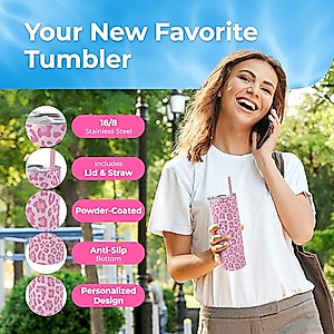 Leopard Print Vacuum Insulated Stainless Steel Skinny Tumbler with Straw - Coffee Mug with Lid, Tea Cup for Travel, Pet Mom, Pet Dad Gifts for Pet Lovers - Insulated Water Bottle - Woman Travel Mug