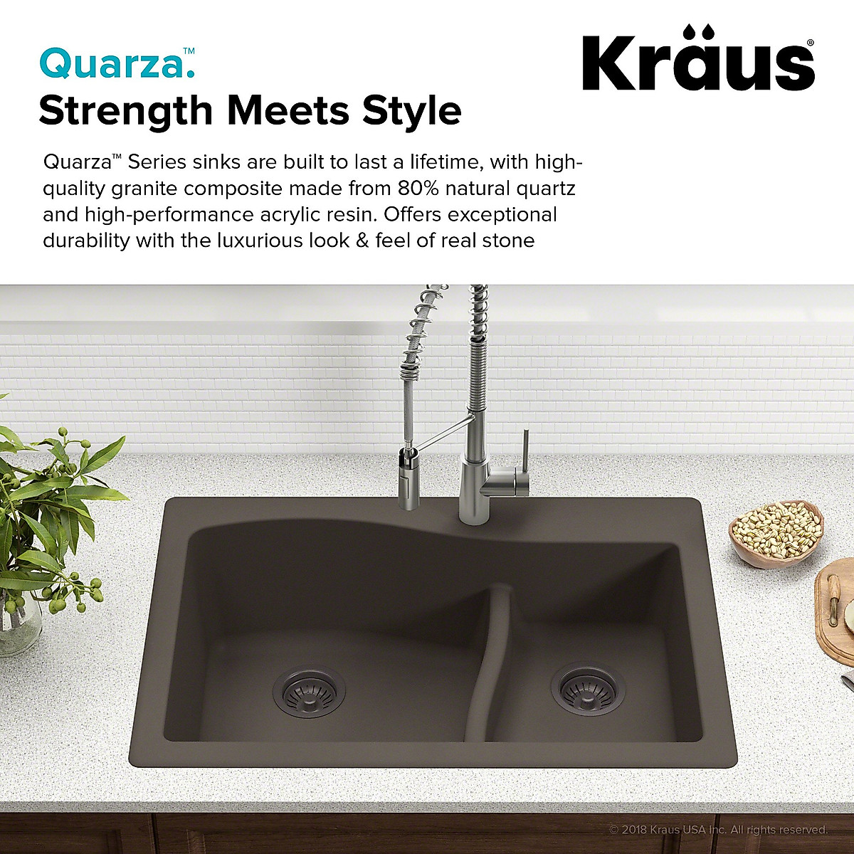 KRAUS KGD-442 Quarza 33-inch 33” Dual Mount 60/40 Double Bowl Granite Kitchen Sink in Black