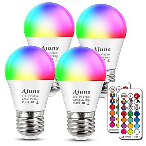 Ajuns Color Changing Light Bulbs 5W Equivalent 40W RGB LED Light Bulbs, with Remote Control E26 LED RGBW Bulb Dimmable, Suitable for Family, Stage Party, 4 Packs