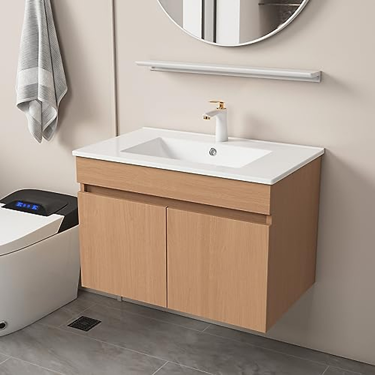 Ymlpre Floating Bathroom Vanity 36 Inch, Wall Mounted Bathroom Cabinet Sink Combo Set with 2 Doors, Ceramic Basin Sink Float Mounting Bathroom Vanity Cabinet for Washroom, 36 Inch Light Oak