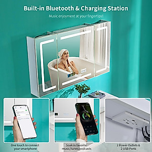 VINGLI LED Medicine Cabinet with Smart Mirror, 48x28''Bathroom Medicine Cabinet with Bluetooth& Speaker, Clock, Room Temp Display, Defog, Stepless Dimming, 3-Color Temper Change, Outlets & USBs,White