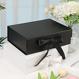 JOHOUSE Black Gift Box, 10.5" x 7.5" x 3.1" Black Luxury Gift Box Magnetic Gift Box Bridesmaid Box with Ribbon Greeting Card For Weddings, halloween, Anniversary Present
