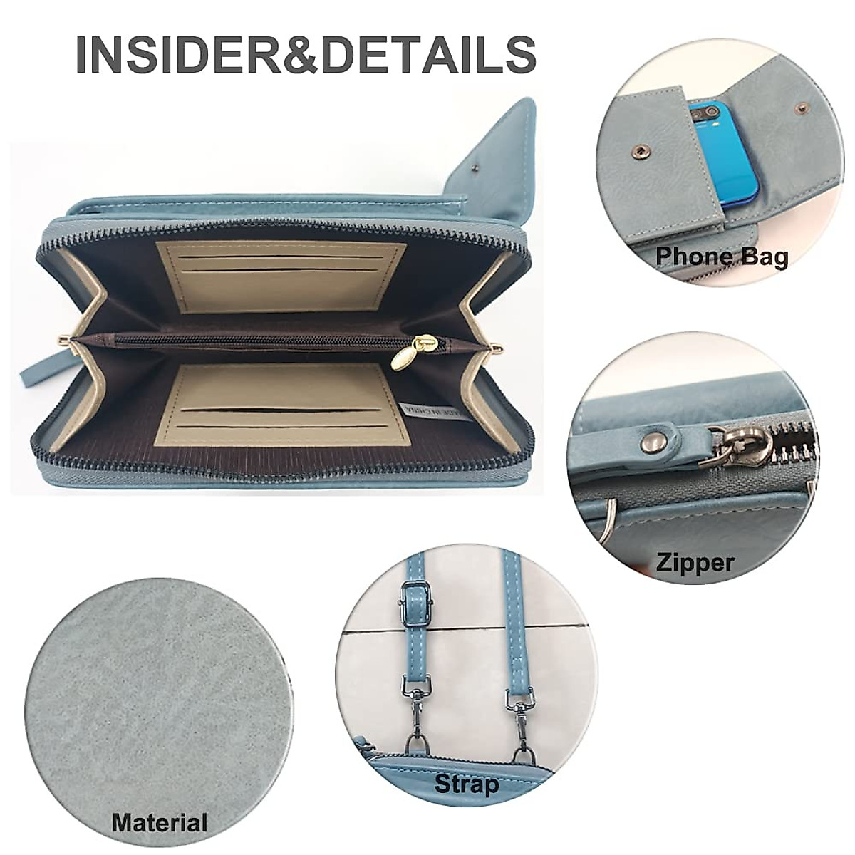 PU Leather Crossbody Purse - Blue, Small, Cell Phone Wallet with Strap, Credit Card Holder