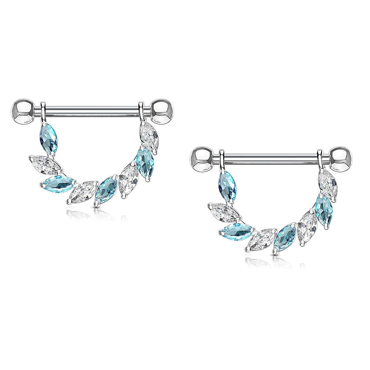 Forbidden Body Jewelry Pair of Surgical Steel 9/16 Inch Sexy CZ Vine D-Ring Dangle Nipple Barbells, Clear/Aqua