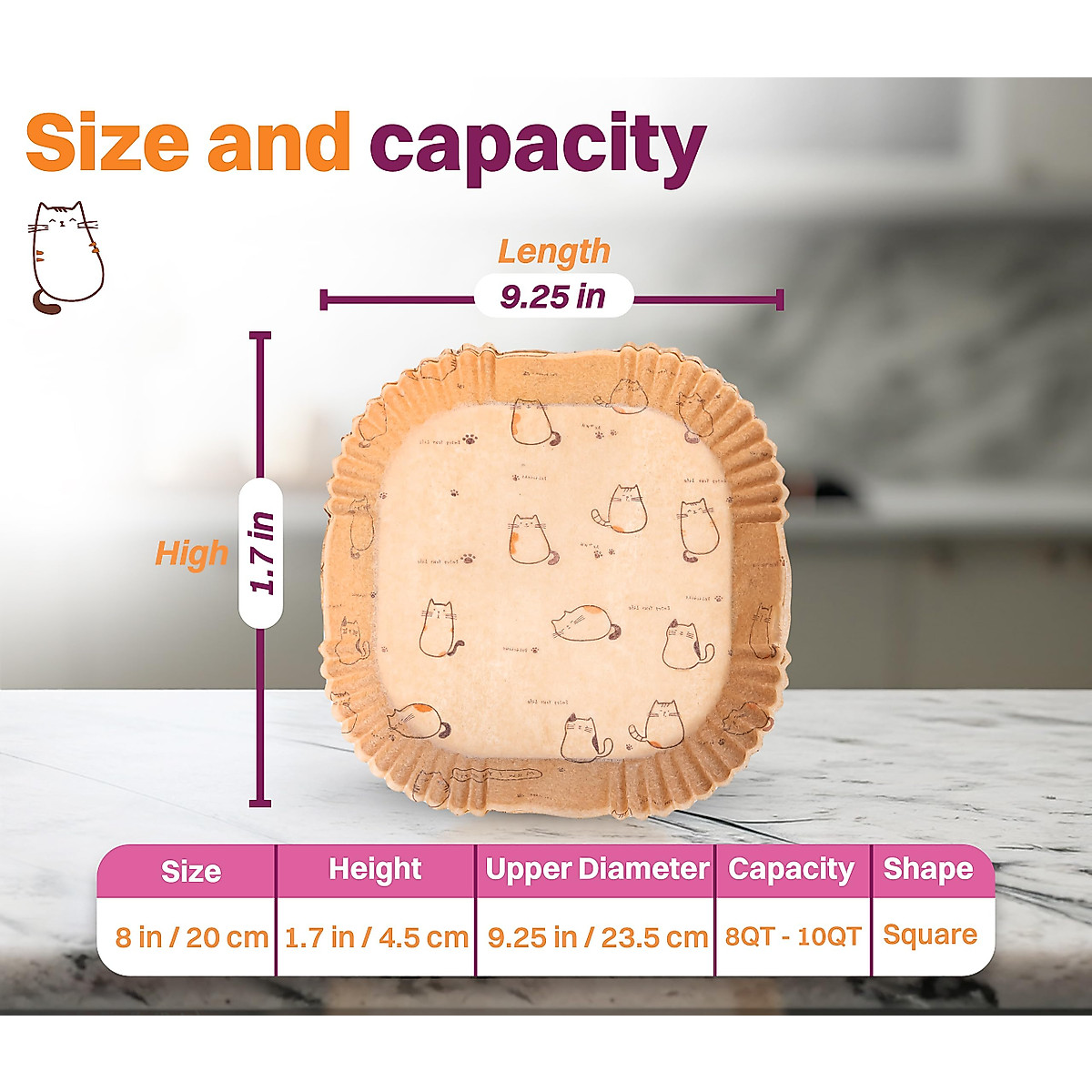 Air Fryer Disposable Paper Liner with Design | 100 Pcs Fit for 5 to 8 QT Basket | Non-Stick Oilproof Parchment Sheets for Microwave | 8” Square