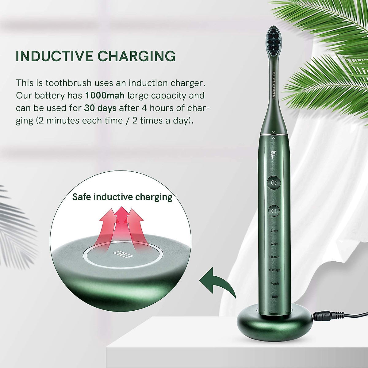 Flexforce Electric Toothbrush Adult, Rotating, Whitening Teeth Without Hurting Gums, 4 Replacement Toothbrush Heads, 1 Travel Box, 1 Dental Floss, Inductive Rechargeable, 5 Cleaning Modes, Green