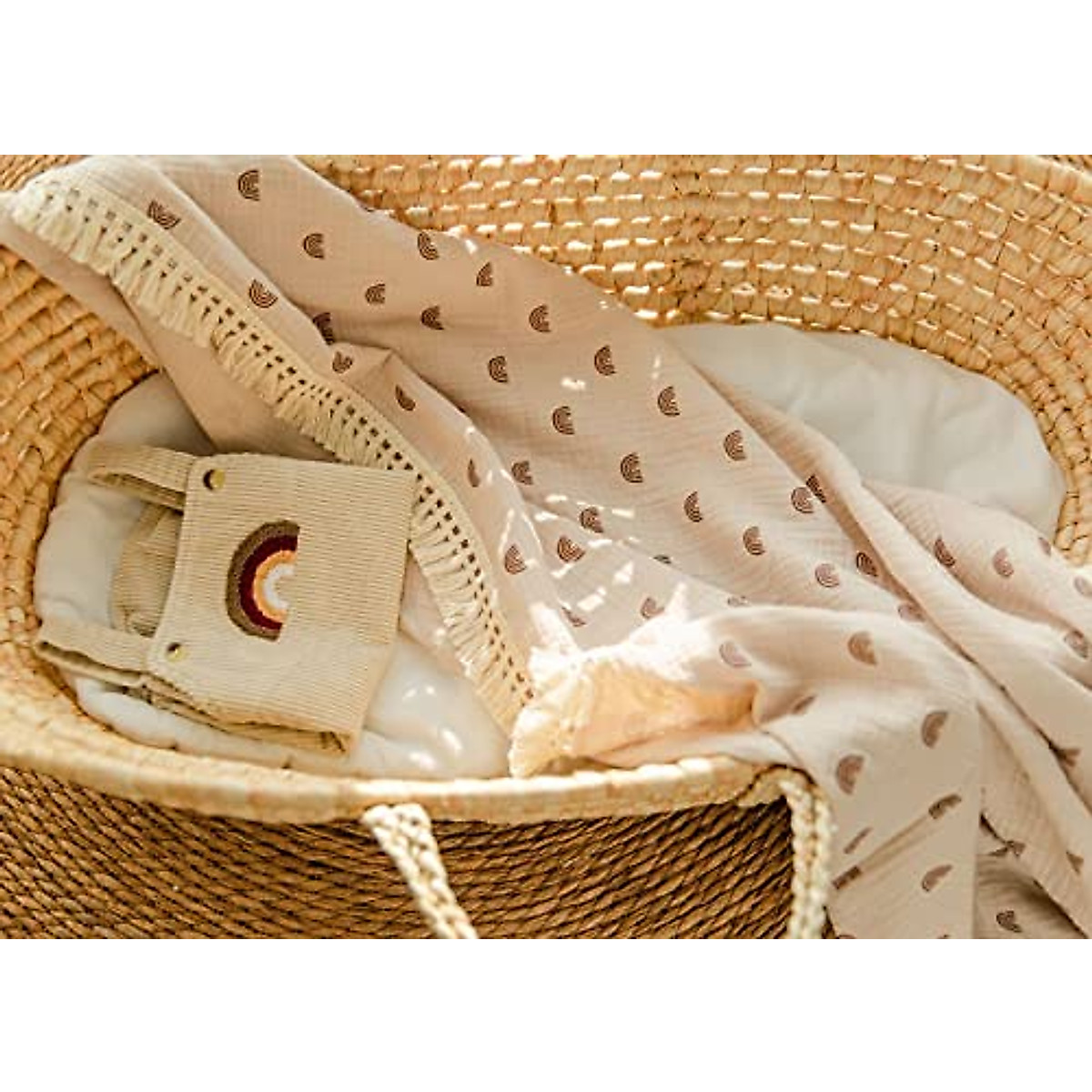 CHUNGEL Cotton Baby Muslin Tassles 40"x 47", Baby Receiving Blanket with Fringe, Boho Muslin Swaddle Blanket with Fringe- Earth Rainbow…