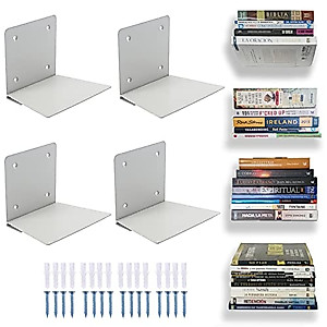 Eapele Floating Book Shelves for Wall, Steel Constructed Hidden Bookshelf with Mounting Hardware (Grey, 4pcs)