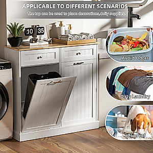 Spurgehom 13 Gallons Tilt Out Trash Cabinet Kitchen Storage Cabinet Free Standing Recycling Cabinet Trash Can Holder with Hideaway Drawers Pet Proof Trash Can for Kitchen Living Room, White