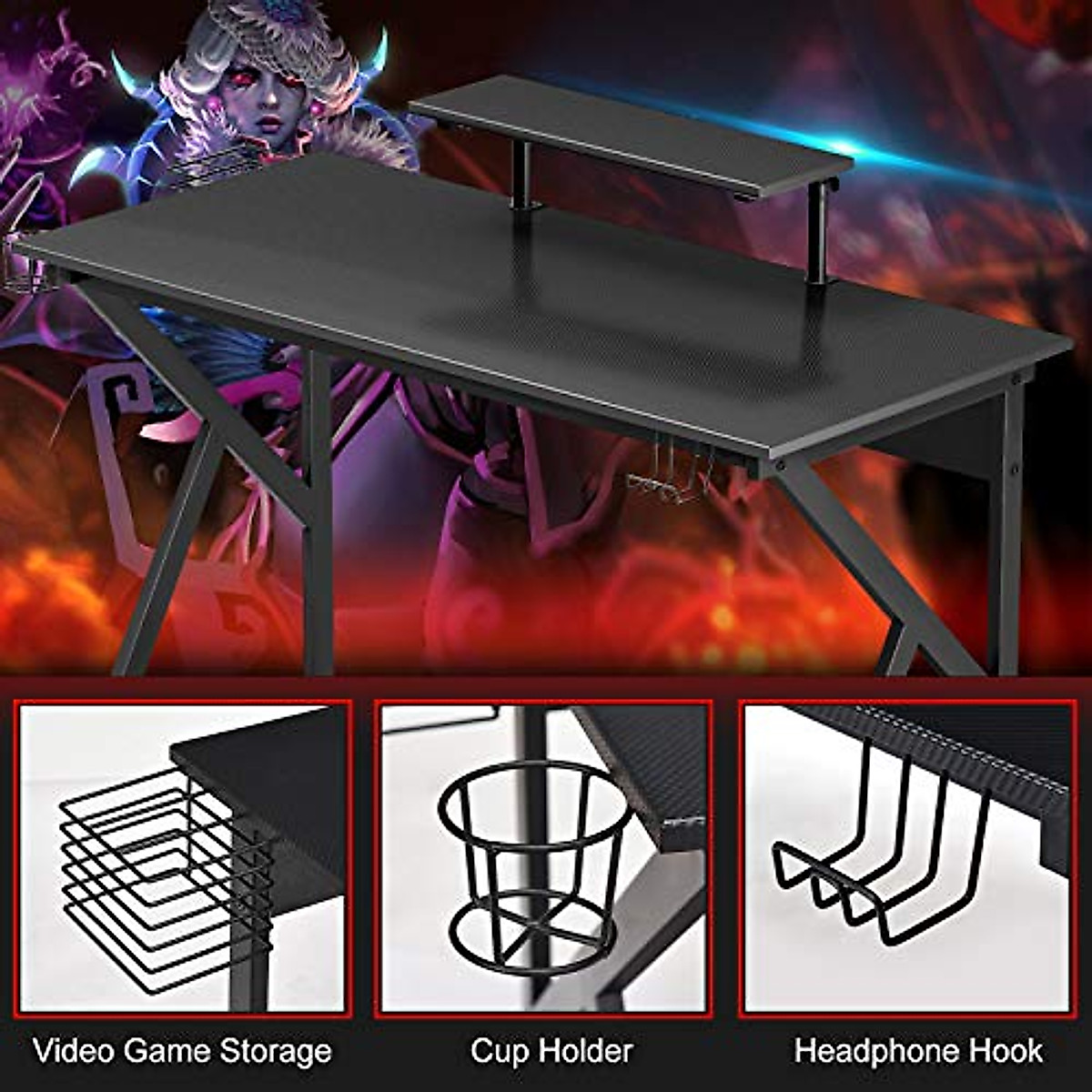 POWERSTONE Gaming Computer Desk - 52” Gaming Desk with Video Game Storage, Cup Holder, Monitor Shelf, Headphone Hook, K-Shaped Computer Desk Writing Workstation for Home Office
