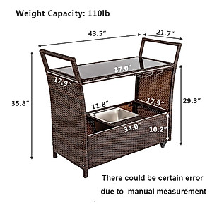 Bonnlo Wicker Outdoor Bar Cart with Wheels and Ice Bucket, Outdoor Bar Table Serving Cart Rattan Bar Cart with Glass Top and Wine Glass Holder for Pool, Party, Backyard, Porch