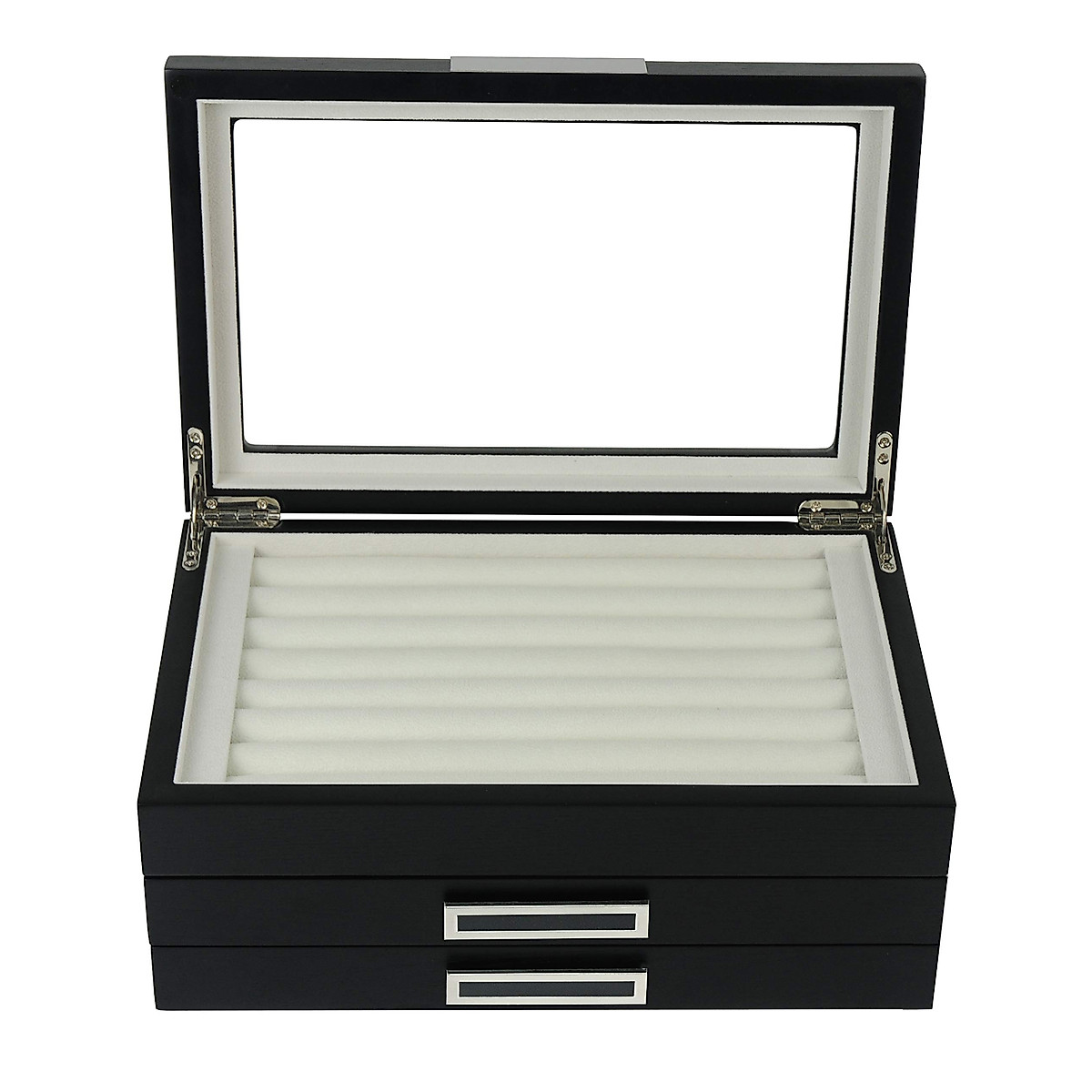 TIMELYBUYS Black Ebony Wood Cufflink Case & Ring Storage Organizer with Stainless Steel Engravable Design Accent Men's Jewelry Box for 108 Cufflinks