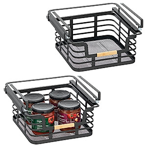 mDesign Metal Wire Under Shelf Storage Baskets for Kitchen Pantry, Closet, Hanging Pull Out Shelving Bin, Sliding Hanger Racks for Bread, Canned Goods, Condiments, Food, 2 Pack, Matte Black/Natural